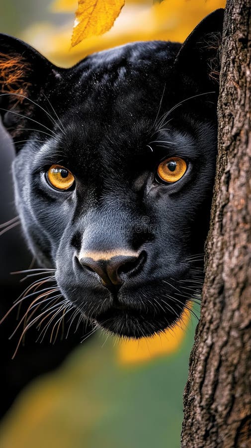 A Black Panther Peeking Out from Behind a Tree Stock Photo - Image of ...