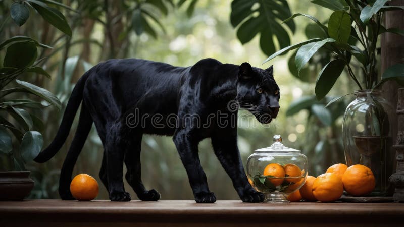 Majestic Black Panther Observing Oranges in Lush Jungle Setting Stock ...