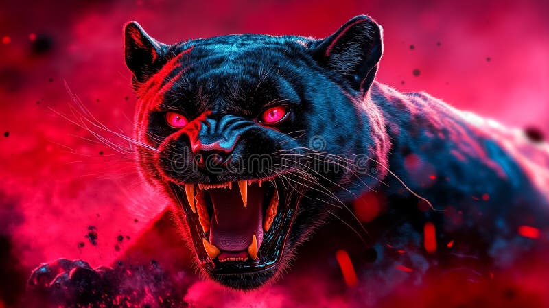 A Black Panther with Red Eyes and Fangs on a Red Background Stock Photo ...