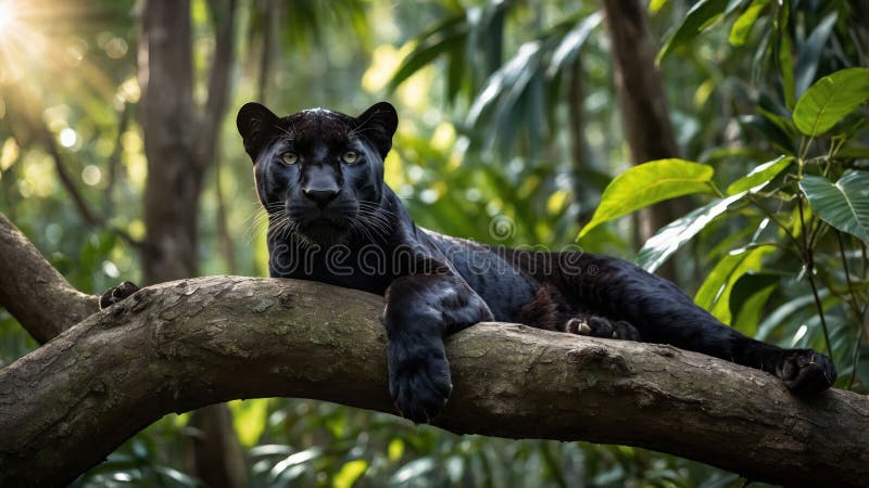 A Black Panther Resting on a Tree Branch in a Lush Jungle Environment ...