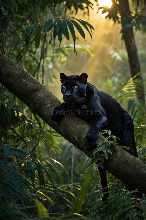 Majestic Black Panther Resting on a Tree Branch in Lush Jungle Stock ...