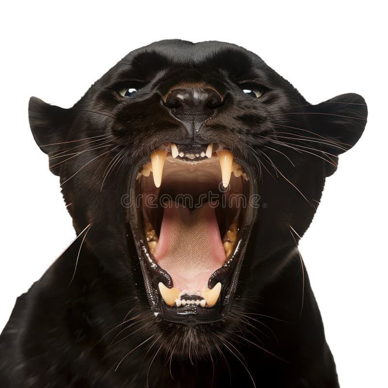 Black Panther Roaring Showing Teeth on White Background Stock Photo ...