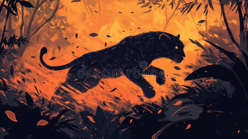 Black Panther Running in Burning Jungle at Sunset Stock Photo - Image ...