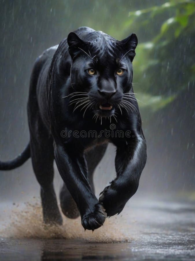 Black Panther Running in the Rain Stock Illustration - Illustration of ...