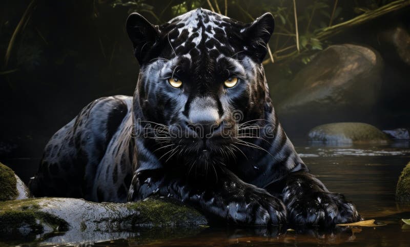 A Black Panther Sitting in a Stream Stock Image - Image of portrait ...