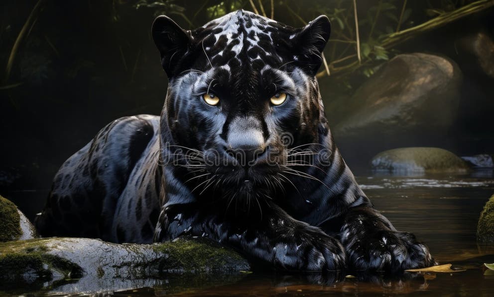 A Black Panther Sitting in a Stream Stock Image - Image of portrait ...