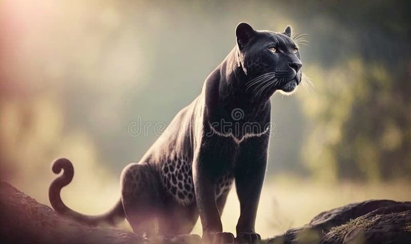 A Black Panther Standing on a Rock in the Sun Light Stock Illustration ...