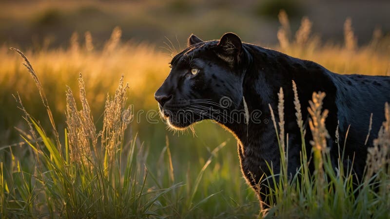 A Black Panther Stands Gracefully in Tall Grass during Golden Hour ...