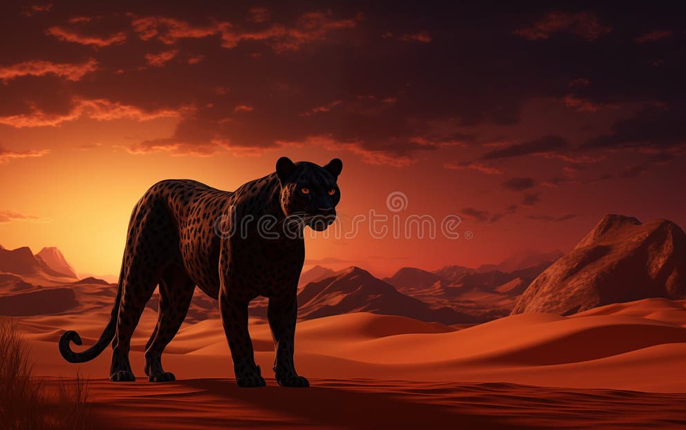 Black Panther at Sunset in the Desert Stock Illustration - Illustration ...