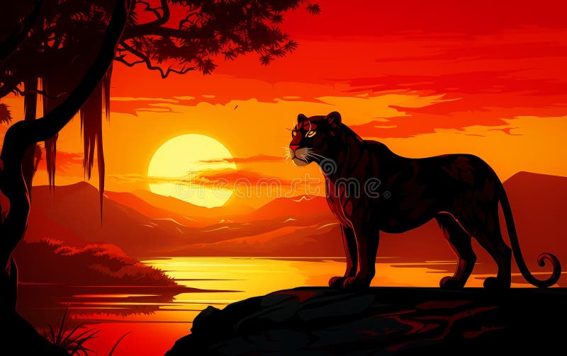 Black Panther at Sunset in the Savannah. Stock Illustration ...