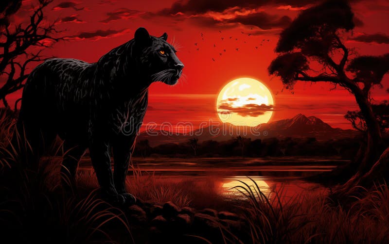 Black Panther at Sunset in the Savannah. Stock Illustration ...