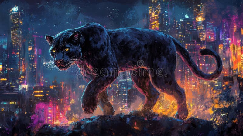 Black Panther in Vibrant Neon City at Night Stock Illustration ...
