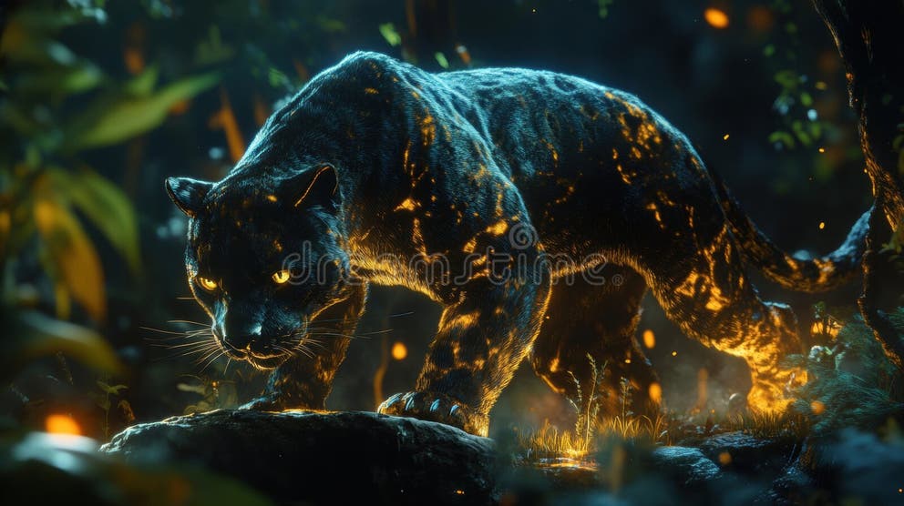 A Black Panther Walking through a Forest with Fire Stock Illustration ...