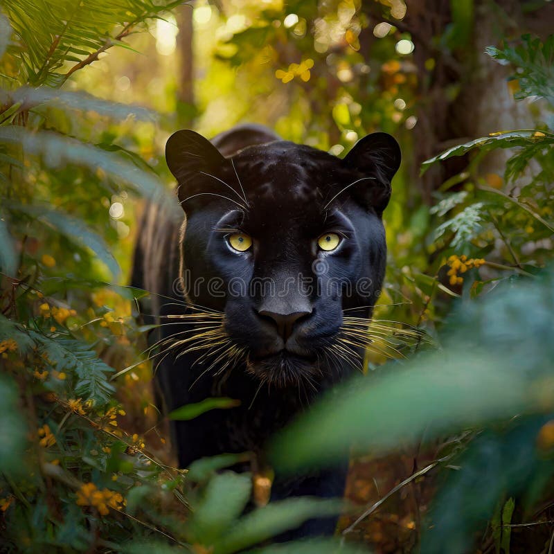 A Black Panther Walks Behind a Bush in the Forest Stock Photo - Image ...