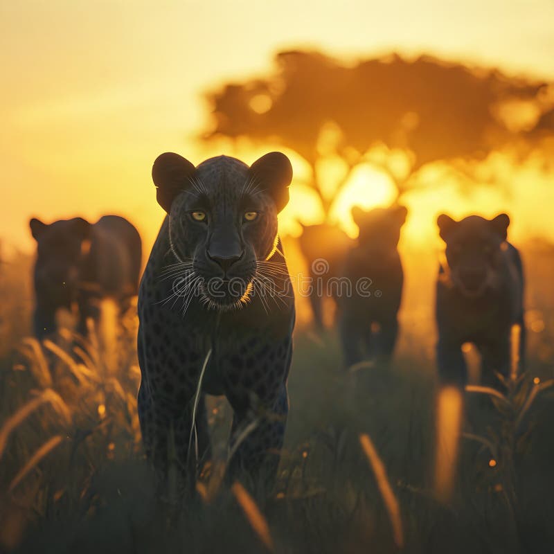 Black Panthers Standing in the Savanna with Setting Sun Shining. Stock ...