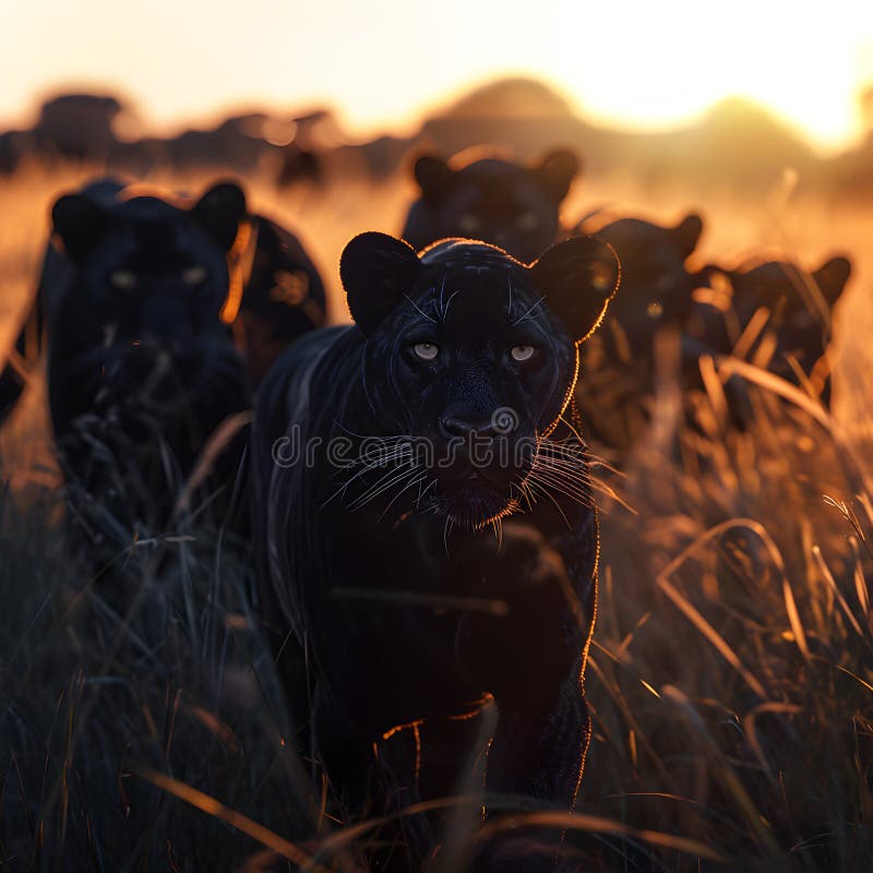 Black Panthers Standing in the Savanna with Setting Sun Shining. Stock ...