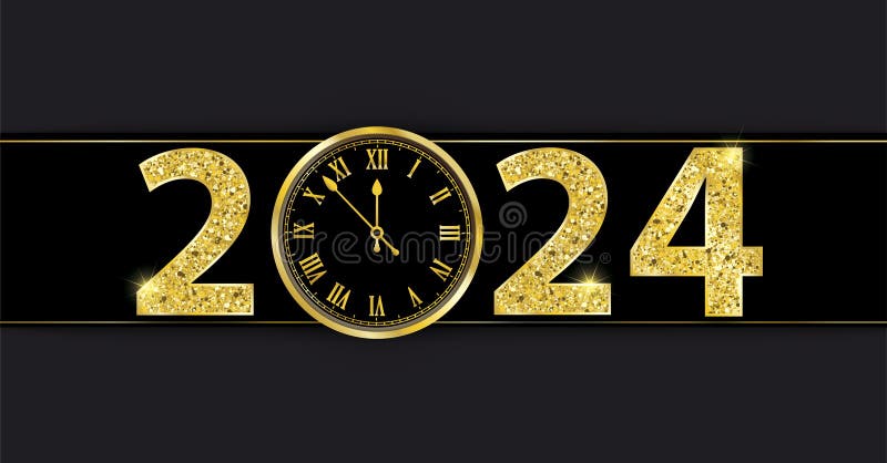 Black Paper Banner Golden Clock 2024 Stock Vector - Illustration of ...