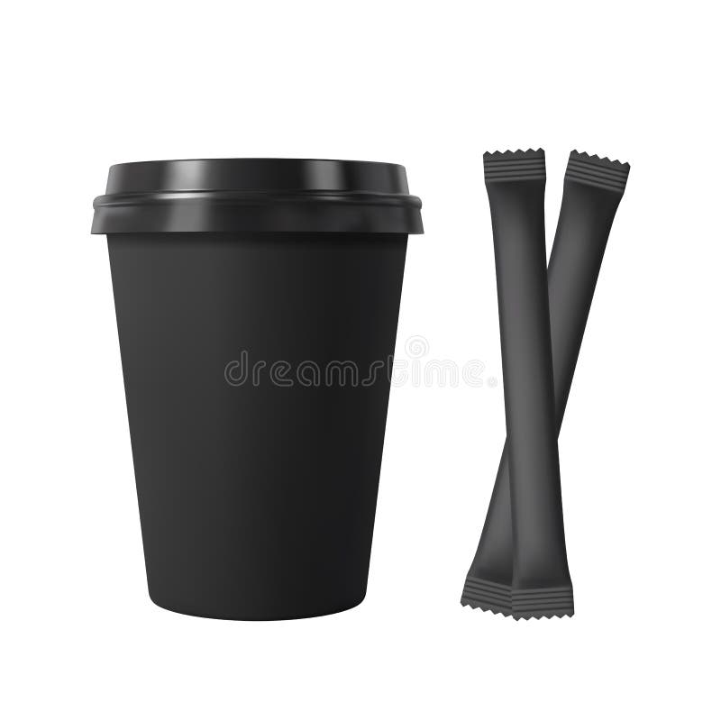 Black Paper Coffee Cup with a Lid and Sugar Sticks. Realistic Vector ...