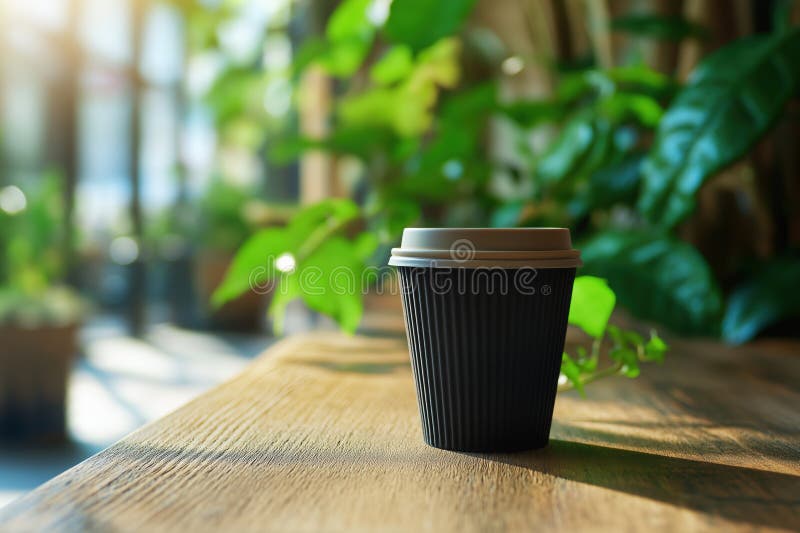 Black Paper Coffee Cup on Wooden Table in Cozy Cafe Surrounded by ...