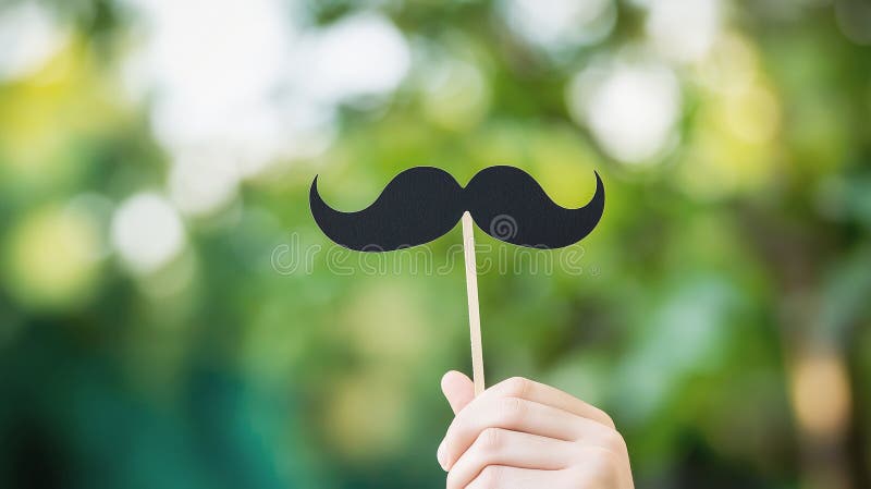Black Paper Mustache on a Stick Held Up in Front of a Blurred Foliage ...