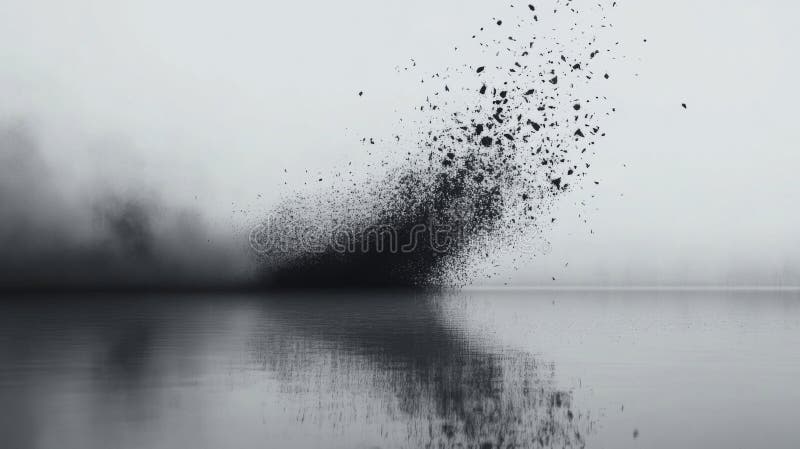 Black Particles Dispersing Over a Still Lake Stock Illustration ...