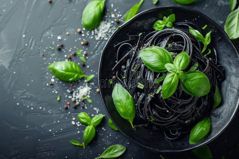 Black pasta with squid ink stock photo. Image of basil - 347527930