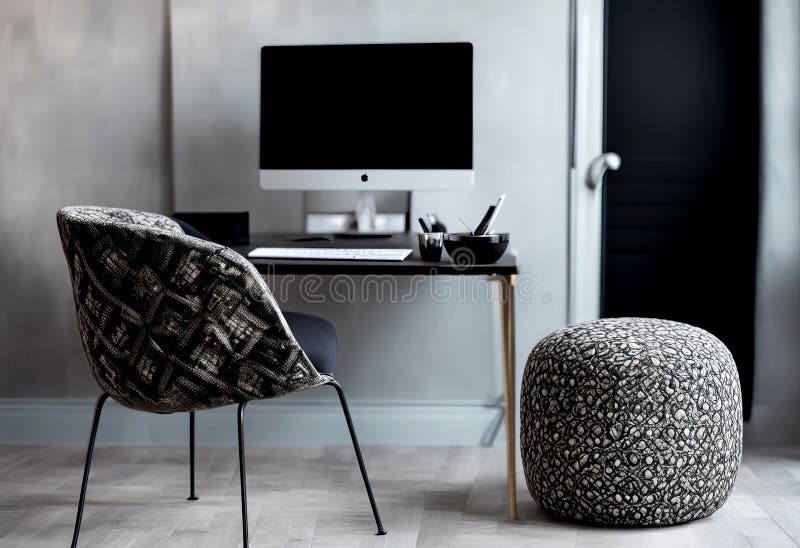 With Black Patterned Chair Monitor Minimal Black Interior Pouf ...