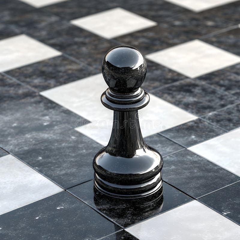 A Black Pawn Chess Piece Standing on a Checkered Board with a Glossy ...