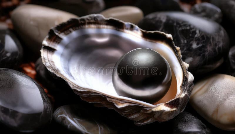 A Black Pearl in an Oyster Shell Resting among Smooth, Dark Rocks for a ...
