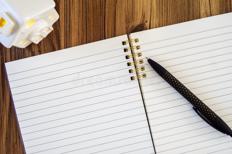 Black Pen on Open Lined Blank Note Pad Mock Up with Ceramic Home Stock ...