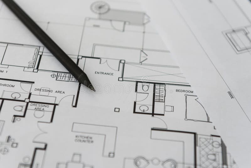 Black Pencil on Architectural for Construction Drawings Stock Photo ...