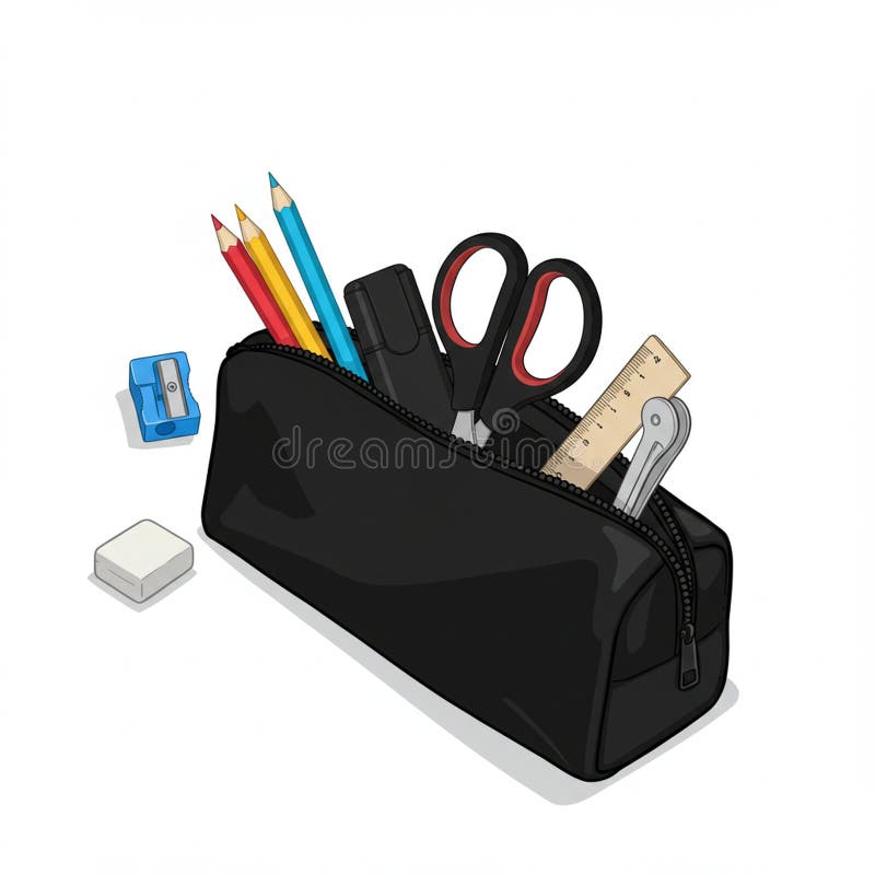 A Black Pencil Case Filled with Colored Pencils, Scissors, a Stapler, a ...