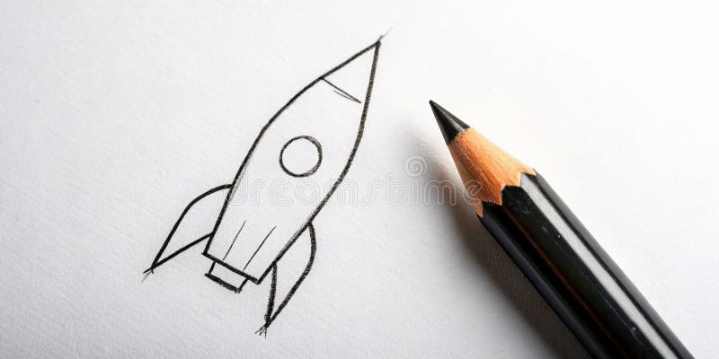 Black Pencil Drawing of Rocket on White Paper Background Stock ...