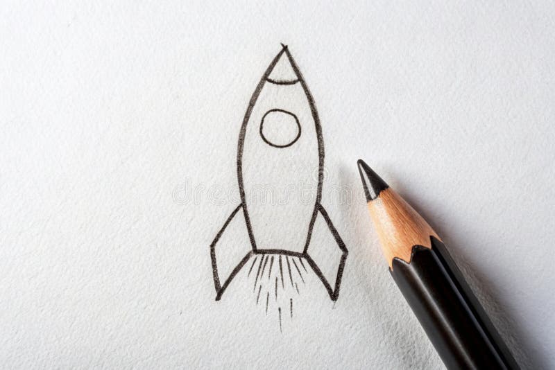 Black Pencil Drawing of Rocket on White Paper Background Stock ...