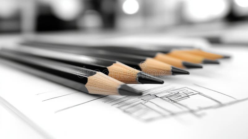 Black Pencils Lie on a White Sheet with Graphic Lines Stock Image ...