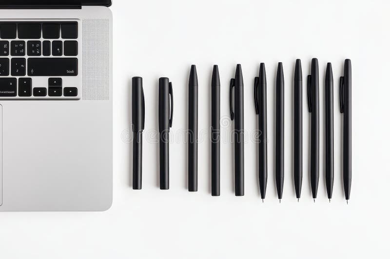 Black Pens and Laptop on a White Surface Stock Illustration ...