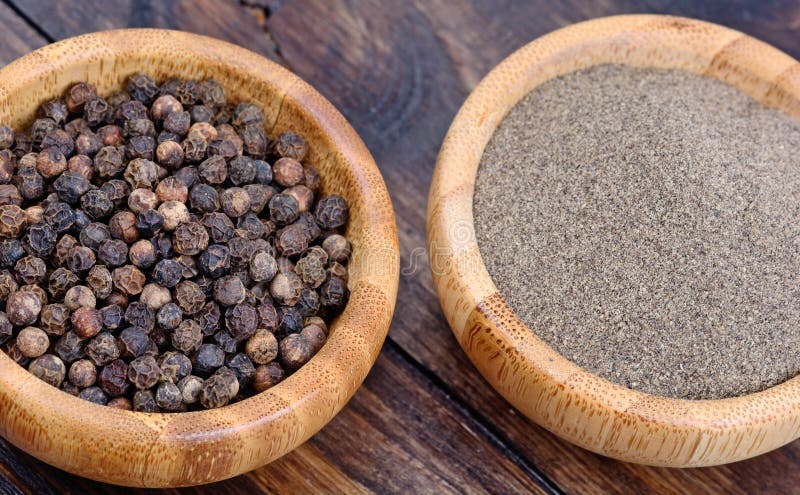 Black Pepper in a Bamboo Bowls Stock Photo - Image of nutrition, bamboo ...