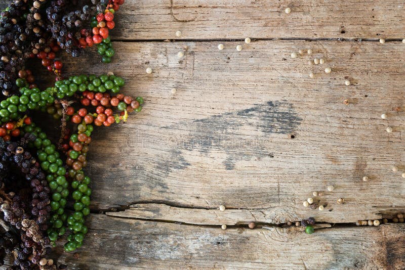 Black Pepper and Fresh Pepper on Wood Table. Stock Image - Image of ...
