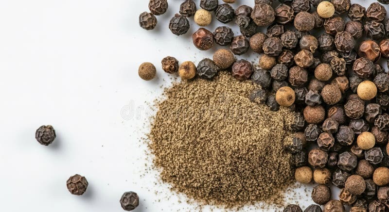 Black Pepper Grains and Powder Isolated on a White Background, Top View ...