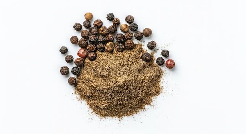 Black Pepper Grains and Powder Isolated on a White Background, Top View ...