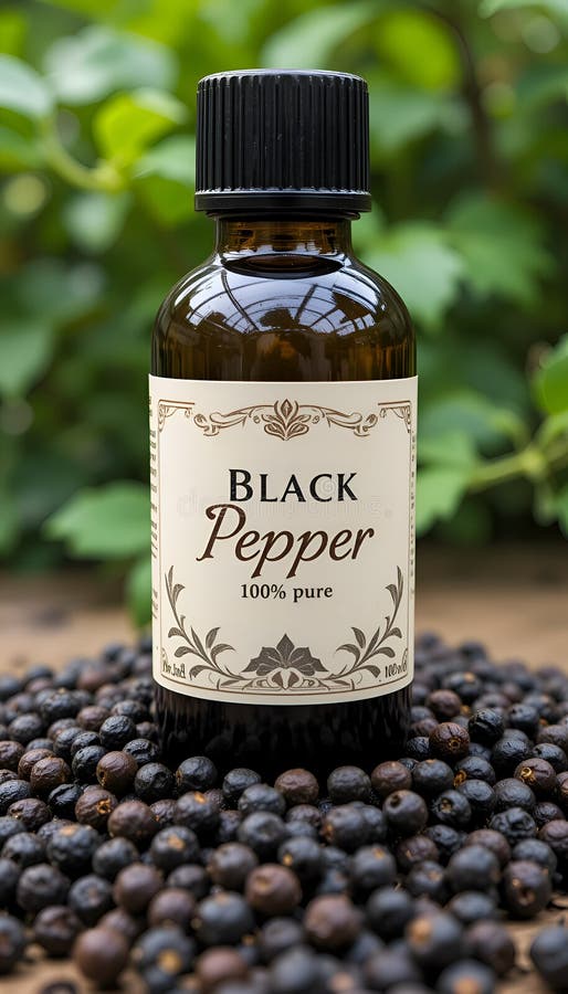 Black Pepper Oil Essential Oil Bottle Around Pepper Plantation. Ai Generated Stock Illustration ...