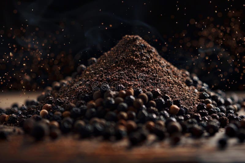 Black Pepper Powder Falling on a Pile of Black Peppercorns with Motion ...