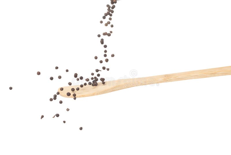 Black Pepper Seeds Fall Down Pour on Wooden Spoon, Black Pepper Float ...
