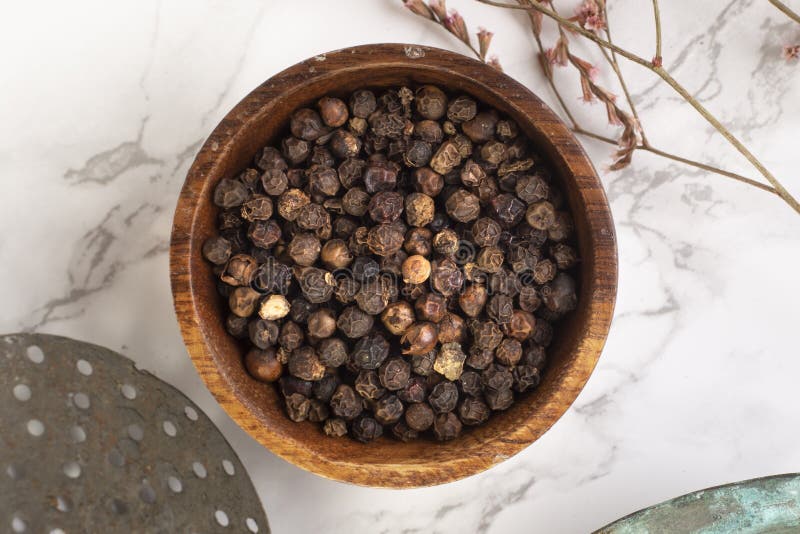Black Pepper and Spice Concept in Wooden Bowl Stock Image - Image of ...