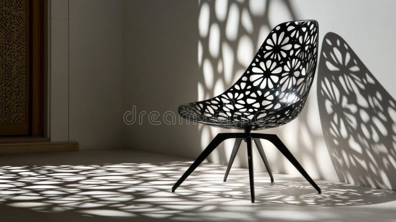 Black Perforated Chair with Intricate Floral Shadow Pattern Stock ...