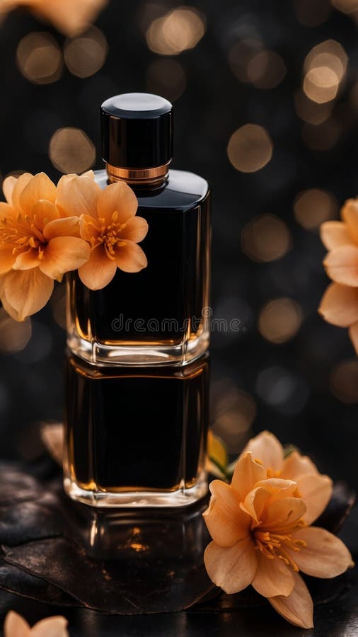 Black Perfume Bottle and Pink Flowers on Stone Background, Mockup Stock ...