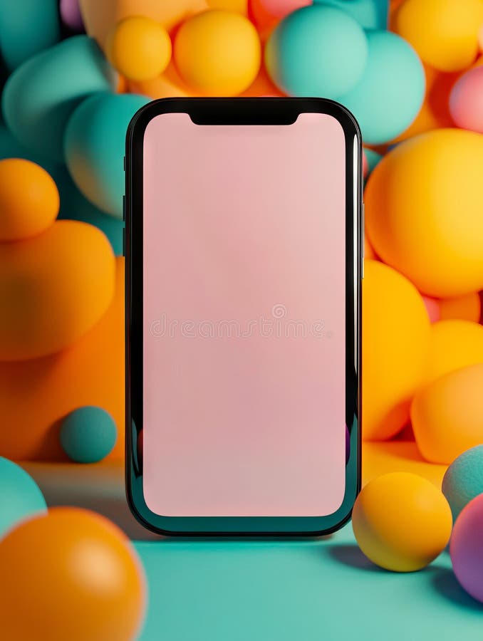 A Black Phone with a Pink Screen Surrounded by Colorful Balls Stock ...
