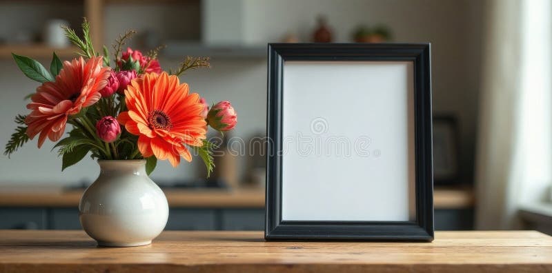 Black Picture Frame, Vibrant Flower Centerpiece on Table , Still Life ...