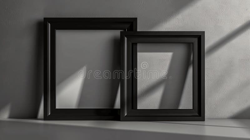 Black Picture Frames on Gray Background with Shadows and Light Play ...