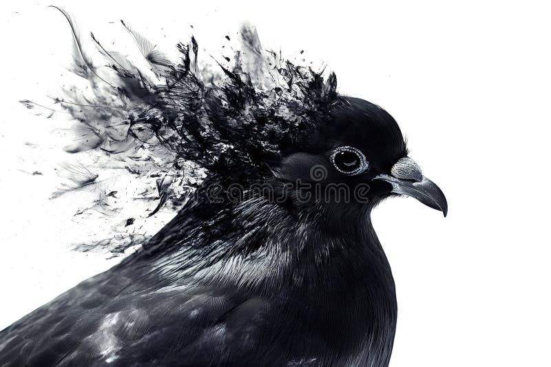 Black Pigeon Exploding with Feathers and Ink on White Background Stock ...